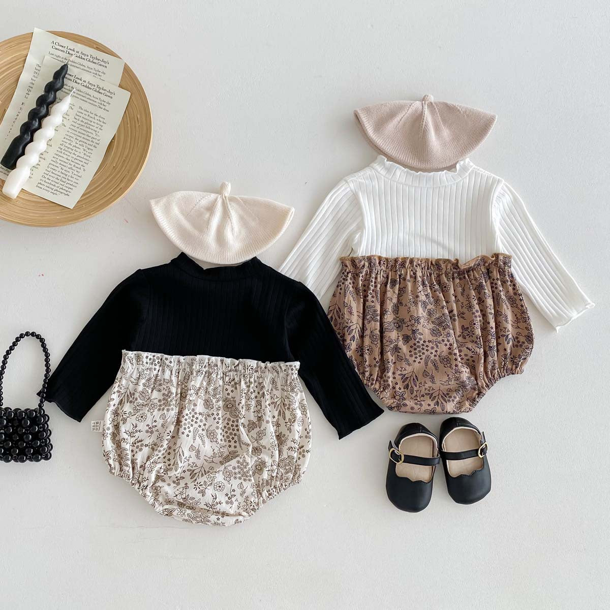 【60-90】モノクロフラワーリブロンパース – PetitKid