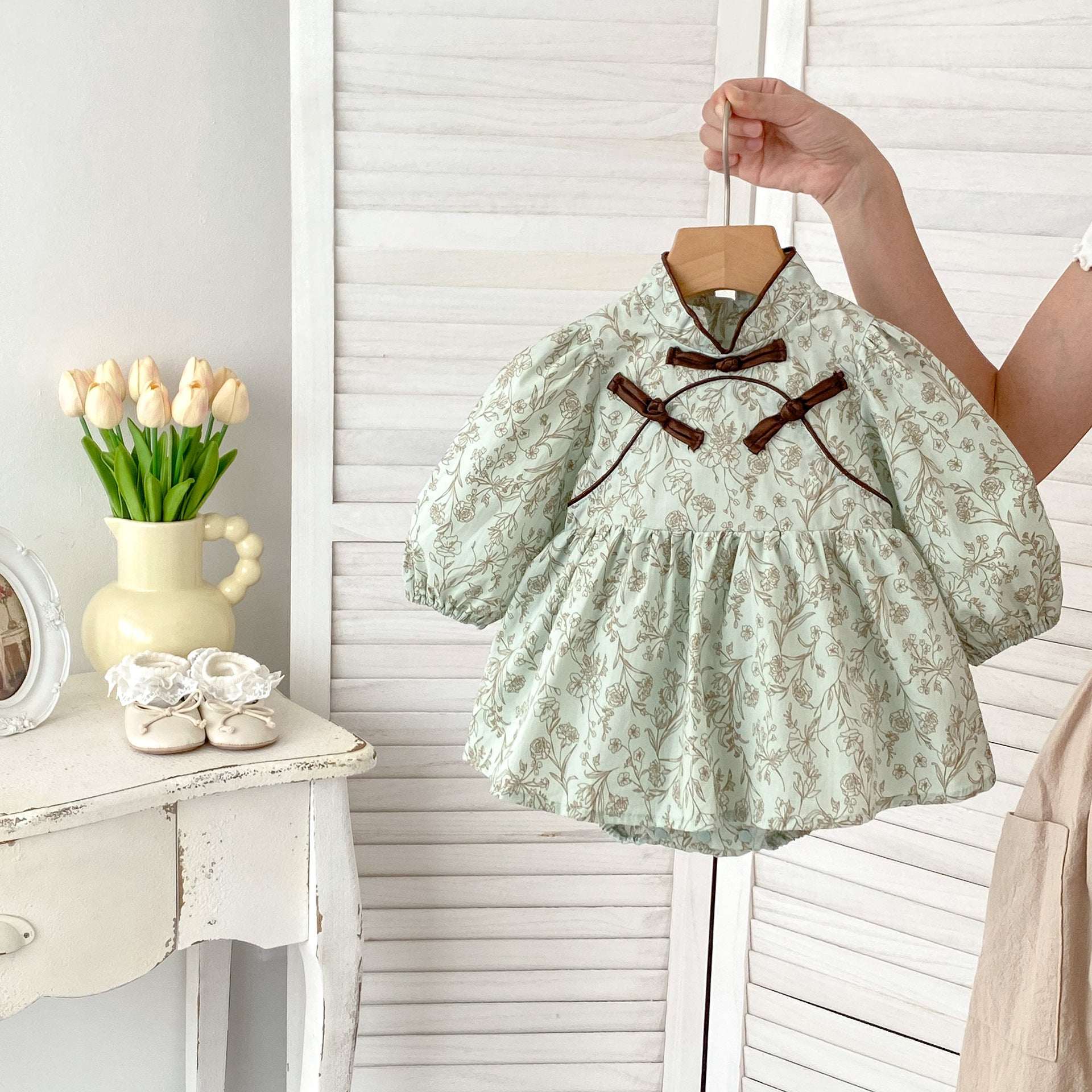【55-90】ミントフラワーワンピースロンパース – PetitKid